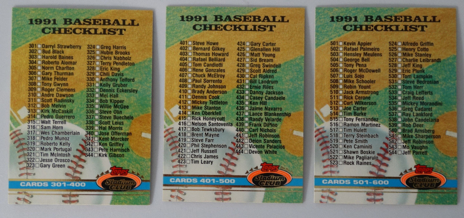 1991 Topps Stadium Club Series 2 Unmarked Checklist Team Set 3 Baseball ...
