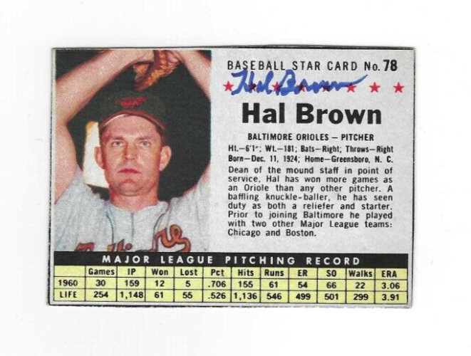 Signed Autographed Hal Brown Baltimore Orioles 1961 Post Cereal Card #78 w/COA | eBay