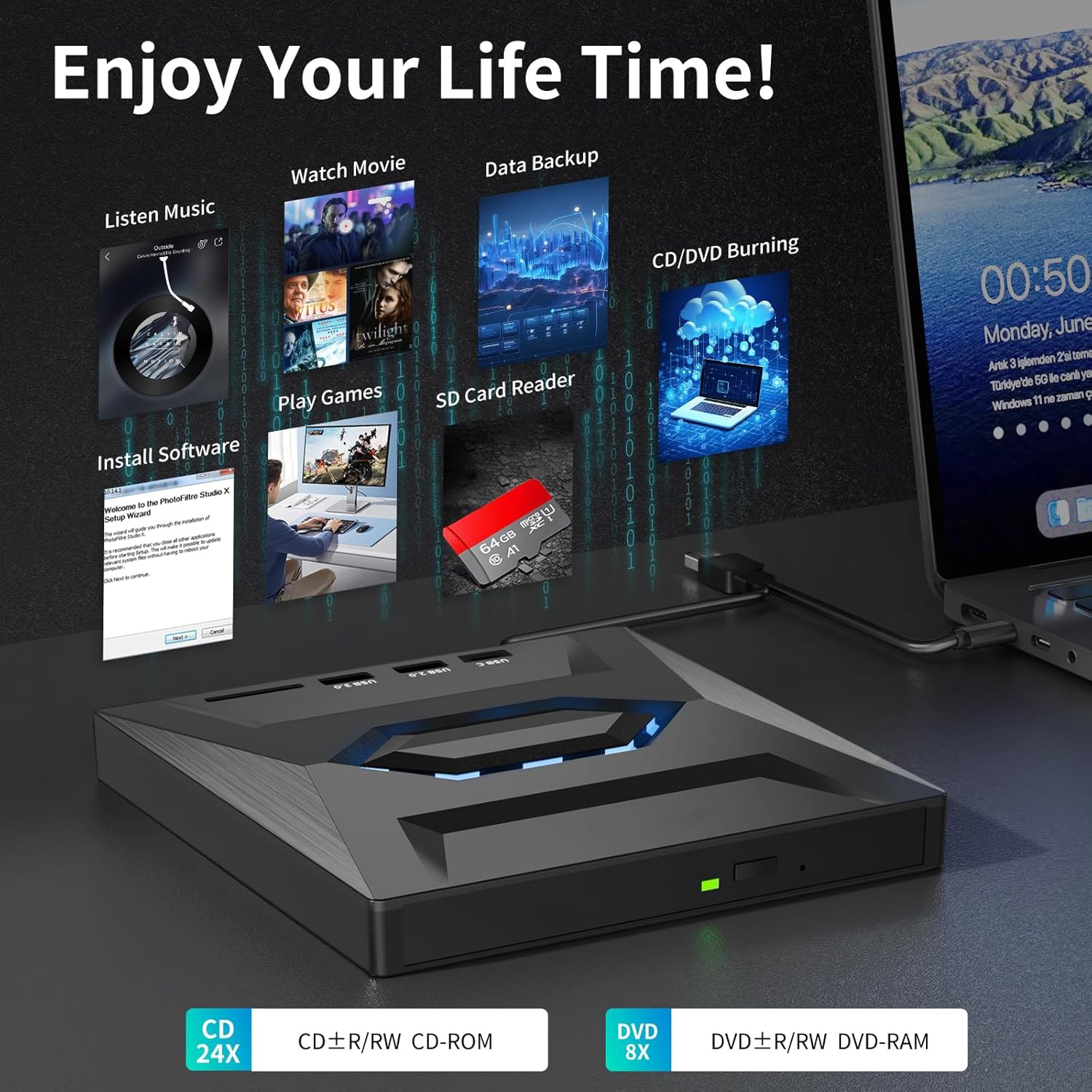 External CD DVD Drive USB 3.0 Writer Burner Player for PC Laptop ...