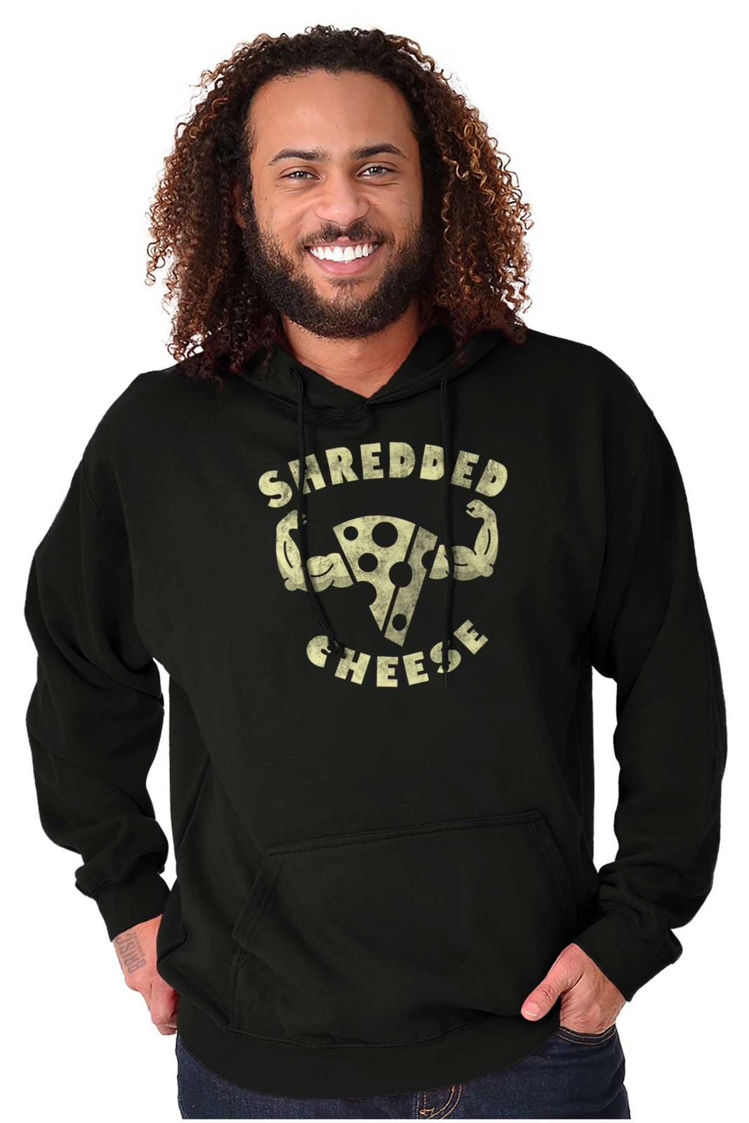 Funny Food Pun Gym Humor Shredded Cheese Hoodie Hooded Sweatshirt Men ...