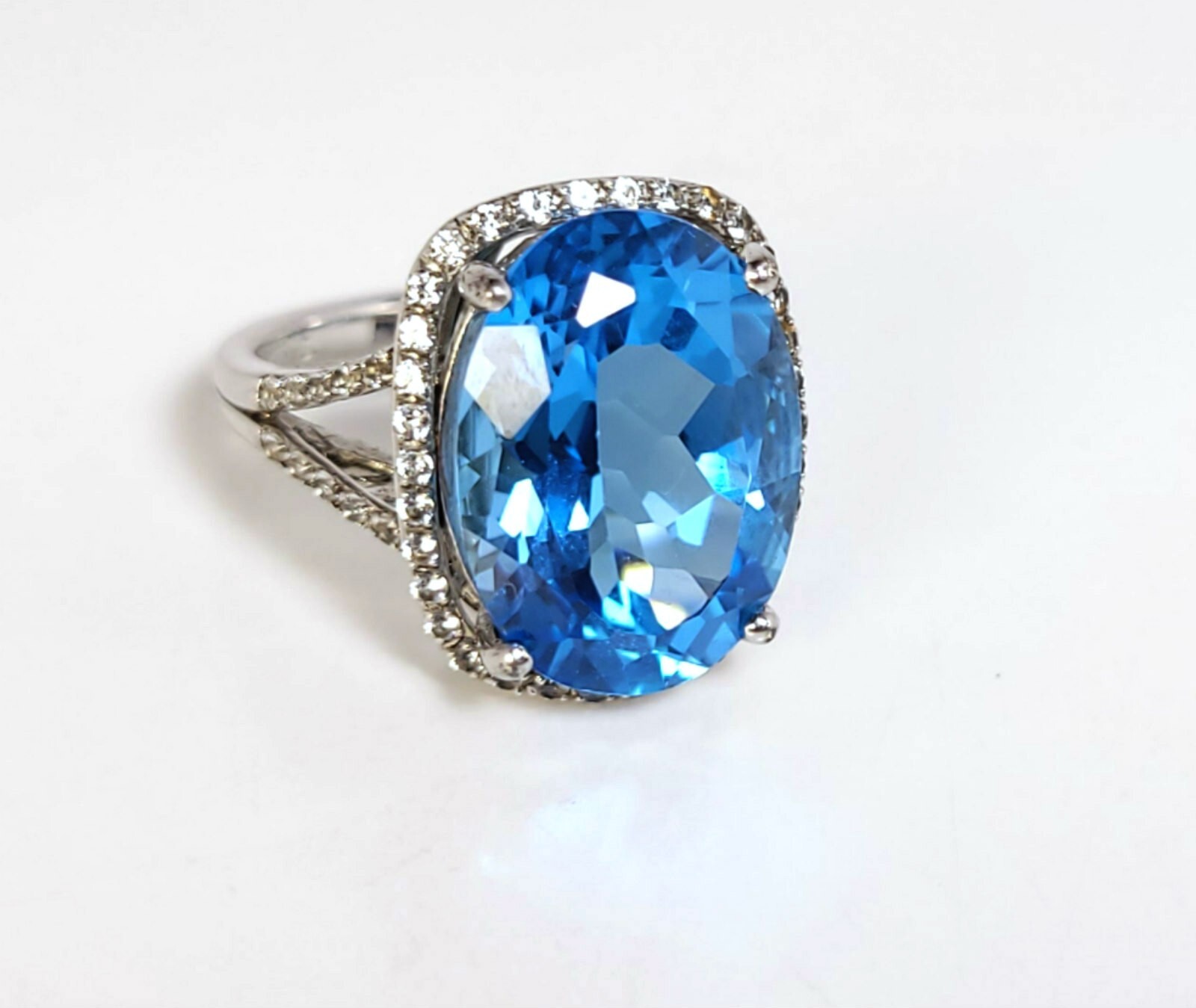 Big Blue Stone Sterling Ring clear stones halo LJ size 9 1/4 | eBay