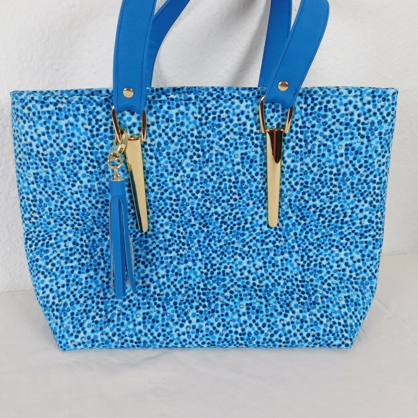 Blue Dotted w/Glitter Cotton Fabric Vinyl Handle Handbag Purse J Risto ...