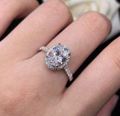 Oval Cut Lab Created Diamond Halo Engagement & Wedding 925 Silver ...