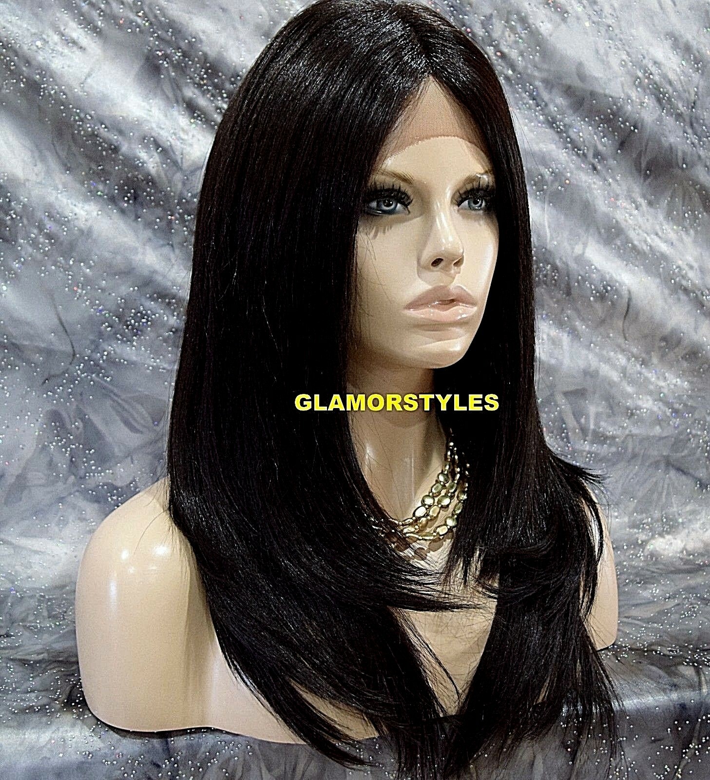 FREE PART LACE FRONT FULL WIG LONG STRAIGHT LAYERED OFF BLACK #1B HEAT ...
