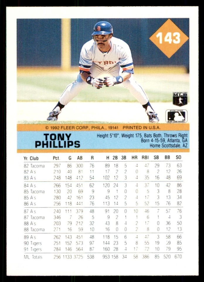 1992 Fleer Tony Phillips Baseball Cards #143 | eBay