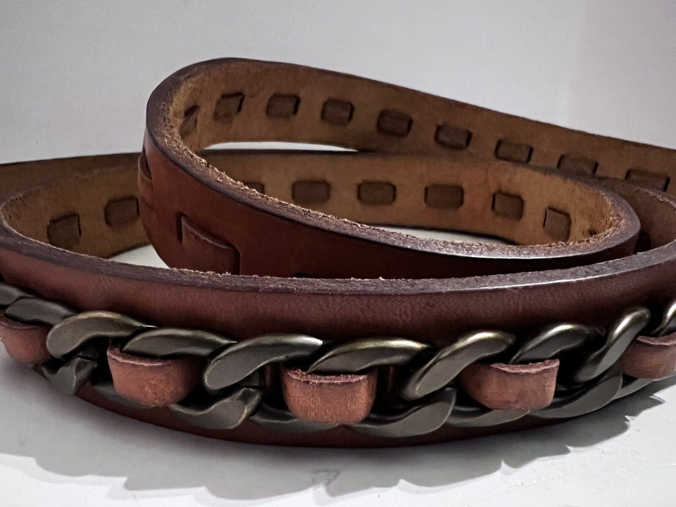 Fossil 3/4" Wide Tan Belt Chains Weaving Size L Golden Buckle NICE!! | eBay