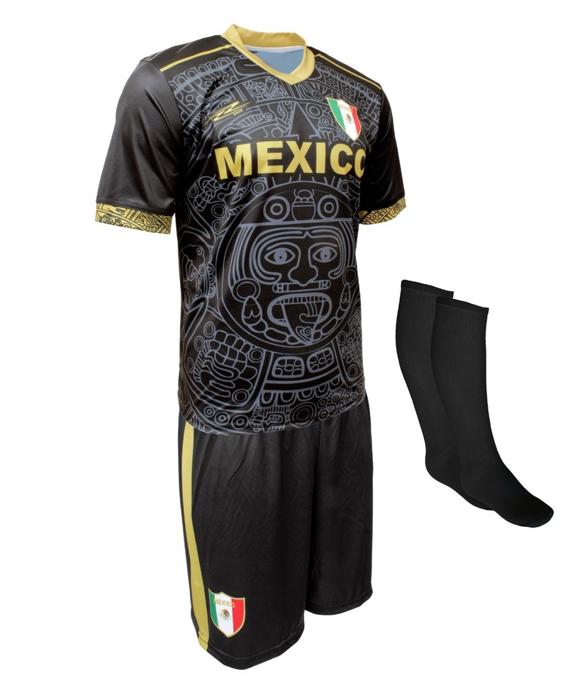 Men's Mexico Fan Soccer Uniform Aztec Calendar Black/Gold S/Sleeve Set ...