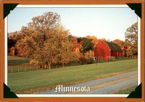 Minnesota farm red barn colorful fall foliage fence Map on Back vintage ...