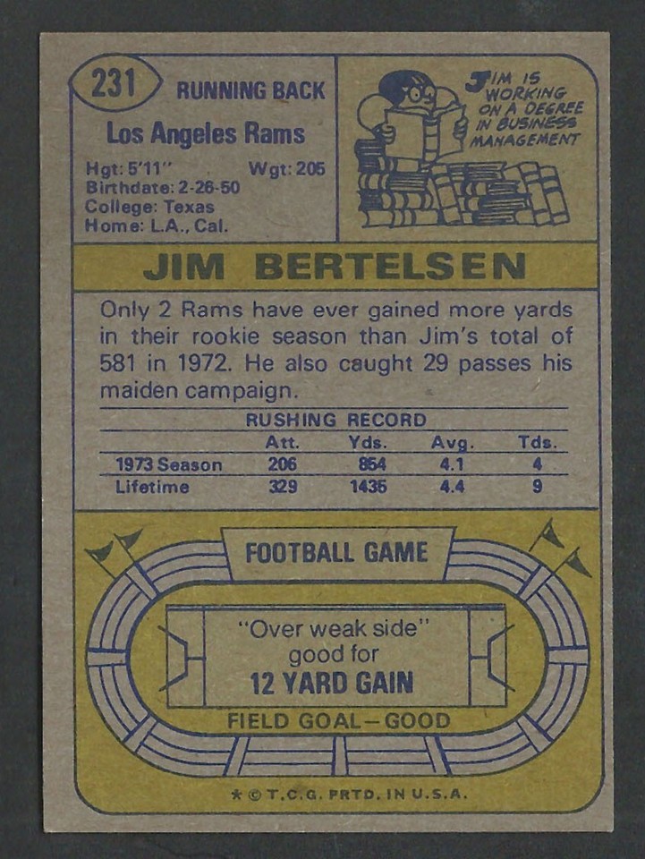 1974 Topps #231 JIM BERTELSEN Los Angeles Rams ROOKIE CARD - TEXAS ...