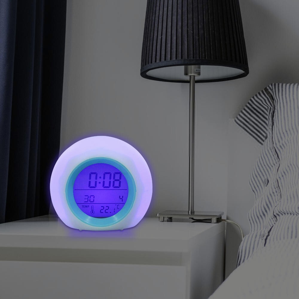 Round Light changing Alarm Clock LED FM Radio Bedside Sounds Night Lamp ...