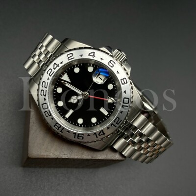 Custom Made GMT Style Watch Automatic Movement Black Dial Silver Bezel ...