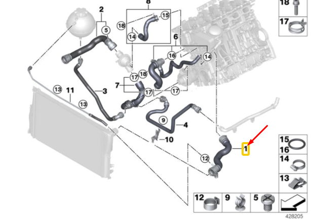 BMW 5 F10 Upper Water Coolant Radiator Hose 17127619684 7619684 NEW ...