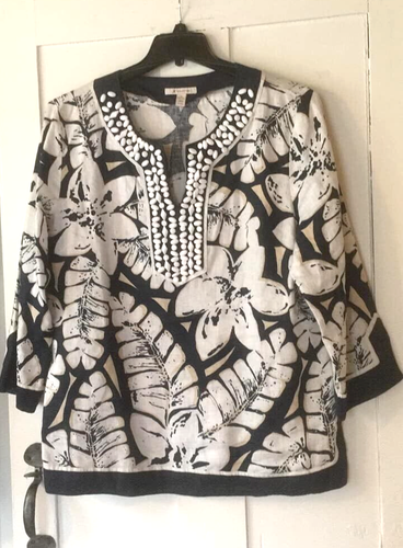 JM Collection Linen Shirt 18 Navy Blue Hawiian Floral Coastal Bloomcore ...