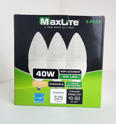 MaxLite® LED Candle Bulbs 5W (40W) 2700K Soft White 325 Lumens (3pk) - NEW | eBay