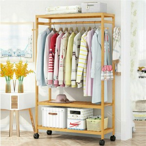 Bamboo Garment Closet Rack Clothes Storage Organizer Hanging Rail Shelf ...