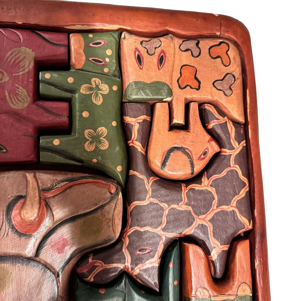 VTG Primitive Art Hand Carved Painted Wood Animal PUZZLE Tribal Folk ...