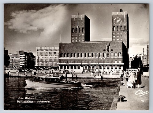 Postcard Oslo Norway City Hall Rathaus Harbor Fjord Sightseeing Boat ...