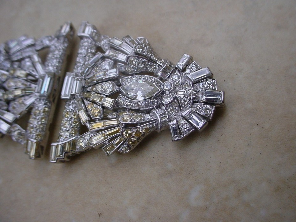 Smashing Art Deco Platinum Brooch/ Jacket Clips, Close to 5 Carats In ...