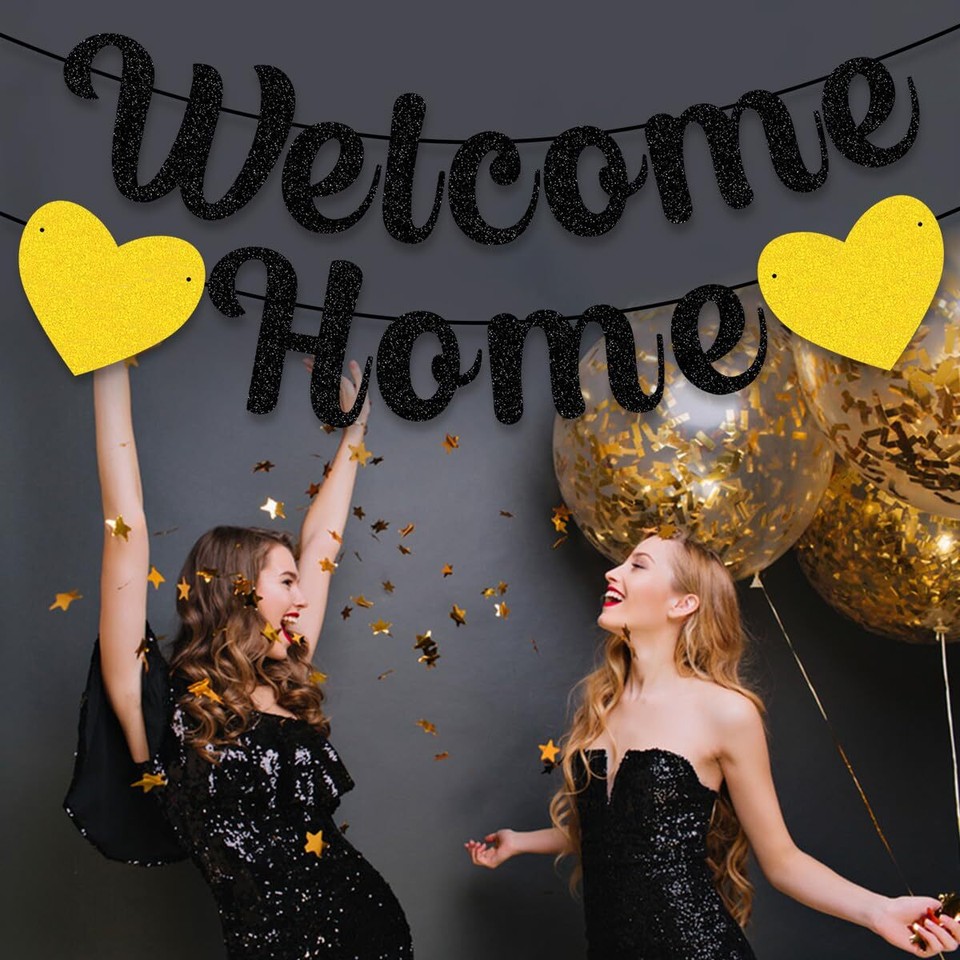 Black Welcome Home Decorations Banner Glitter Hanging Bunting for ...
