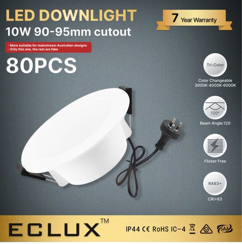 80PCS 10W 90mm Cutout LED Ceiling Downlight Tri-color with AU Plug LED ...
