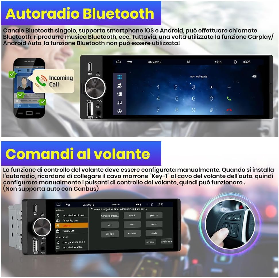 Autoradio 1 DIN Con Schermo Wireless Carplay & Android Auto Bluetooth ...