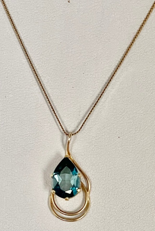 14k Yellow Gold pear shaped blue topaz Pendant +14k gold chain | eBay
