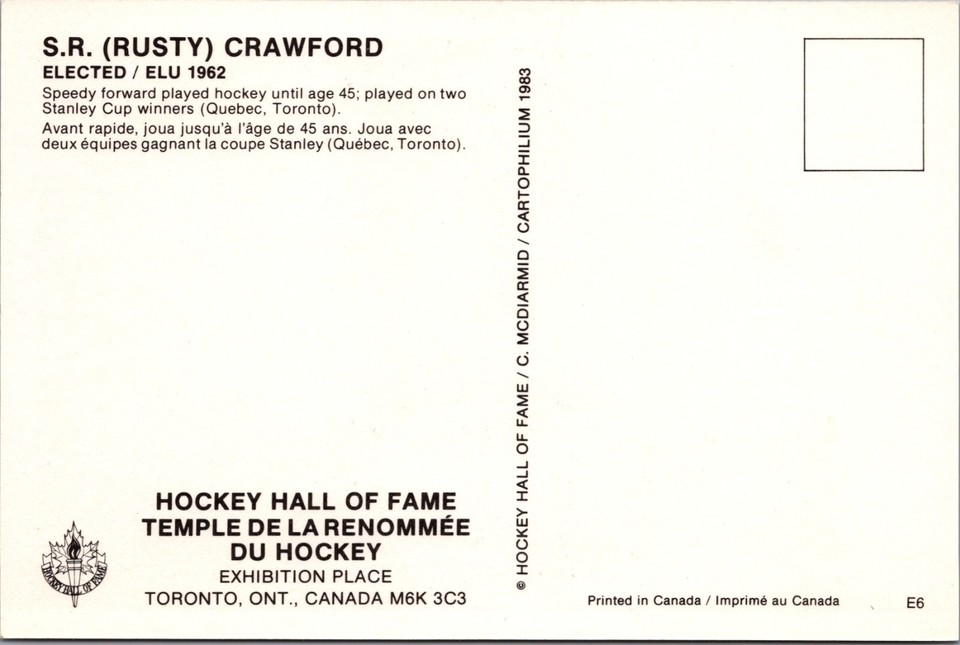 MR ALE Postcard 1983 Hockey Hall of Fame Series S.R. "Rusty" Crawford ...