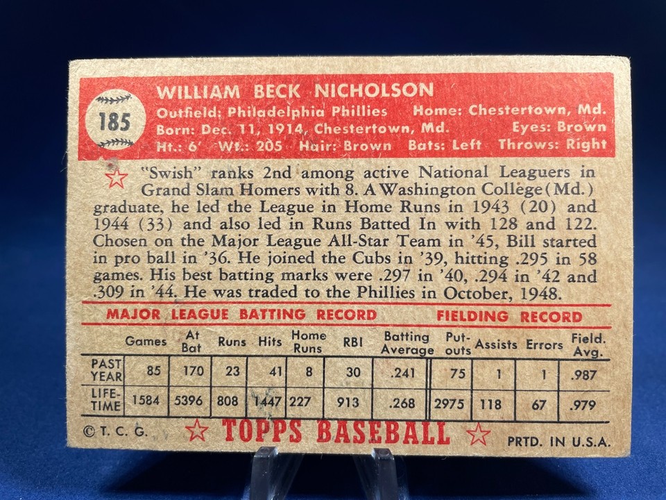 1952 Topps Baseball Card Bill Nicholson #185 Philadelphia Phillies | eBay