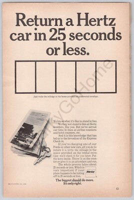 Hertz Car Rental Return a Car in 25 Seconds or Less Print Ad 1969 | eBay