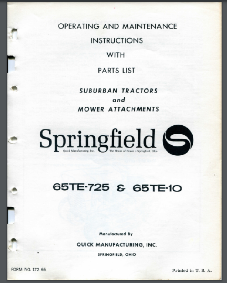 1965 Springfield Suburban tractor manual 65TE-725 and 65TE-10 31 pages ...