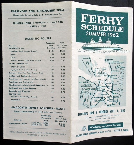 Summer 1962 Washington State Ferries Schedule, Map & Routes, Fares ...