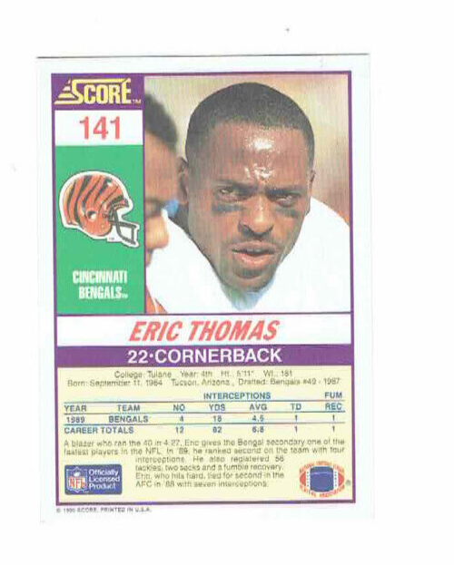 Eric Thomas Cincinnati Bengals #22 Cornerback #141 Score 1990 Football ...