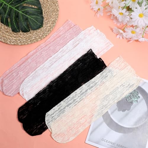 4 Pairs Mesh Lace Sheer Sock Women's Lace Ruffle Socks Summer Decorated ...