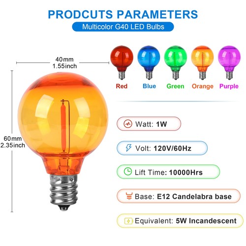 Multi Color G40 Light Bulbs LED for Outdoor String Light 1W Replacement ...