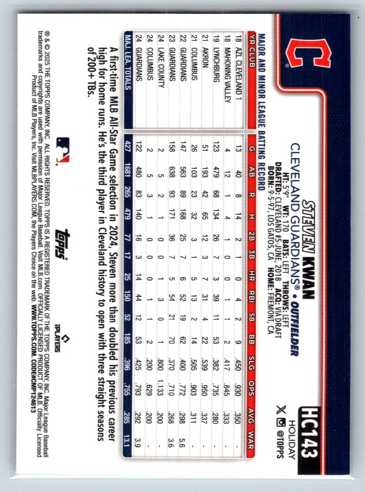 2025 Topps Holiday #H143 Steven Kwan Silver Glitter Holiday | eBay