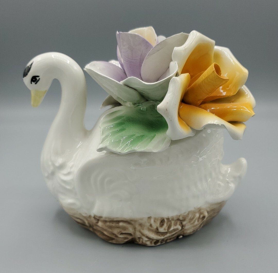 Vintage Capodimonte Porcelain Swan With Flowers Italy