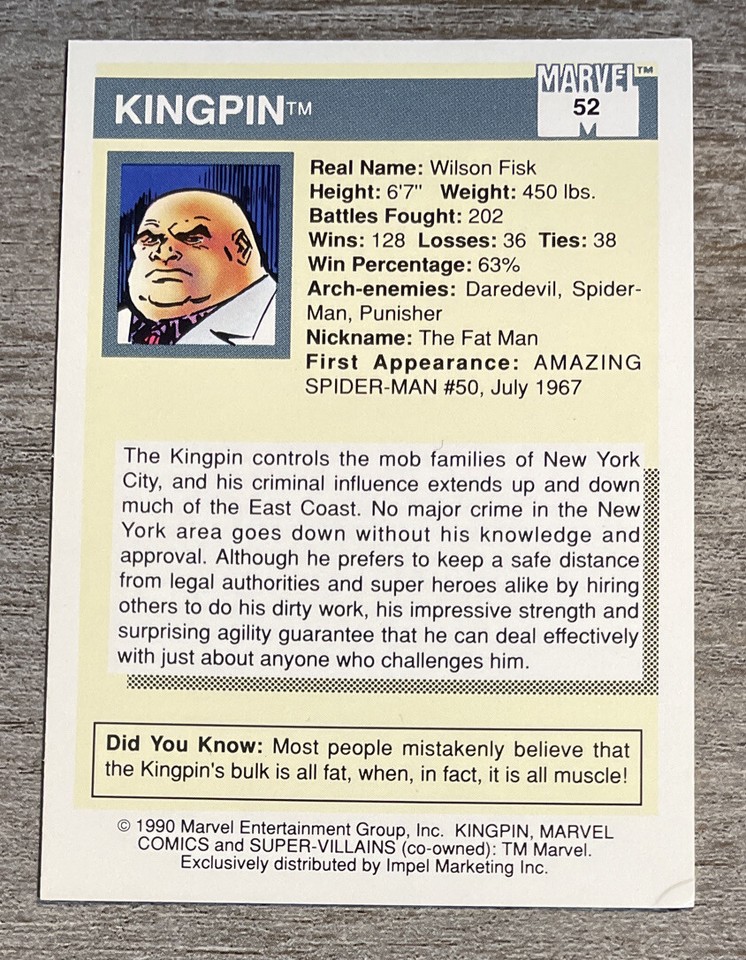 KINGPIN 1990 Marvel Comics Universe Series 1 Super Villains #52 *52b ...