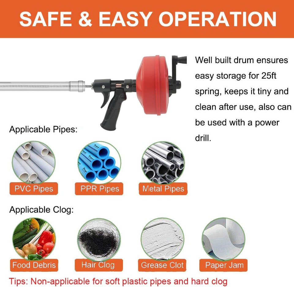 25ft Plumbers Drain Snake Long Heavy Duty Plumbing Auger Hand Tool ...