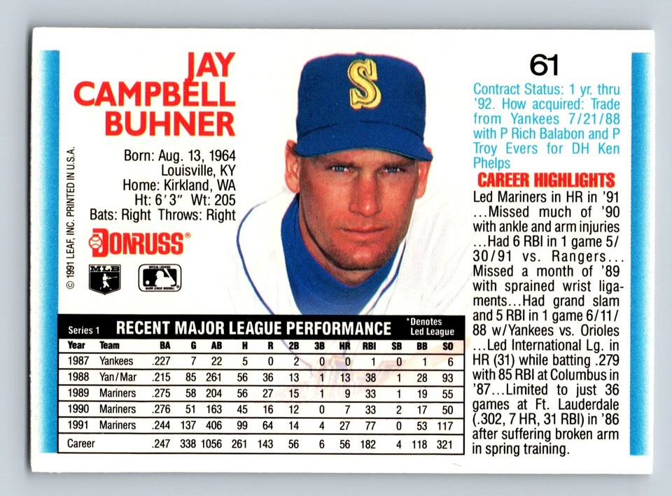 Jay Buhner 1992 Donruss #61 Seattle Mariners | eBay