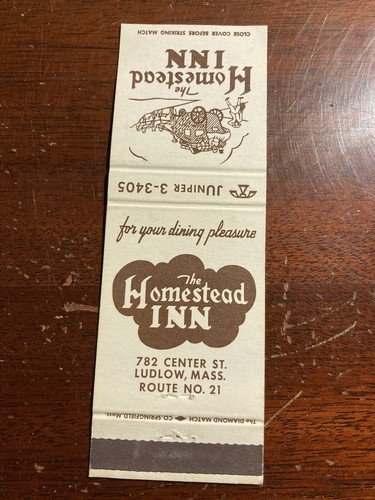 The Homestead Inn Ludlow Massachusetts MA Route No. 21 Vtg Matchcover ...