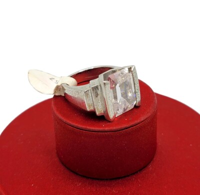 Vtg Sz 6 Ring Lg Cubic Zirconia 18K GE White Gold Electroplate Jewelry ...