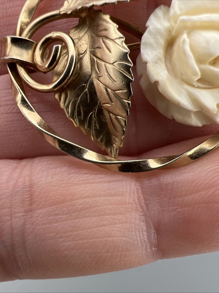 Vintage Brooch Pin White Carved Celluloid Rose Flower 14k Gold Filled ...