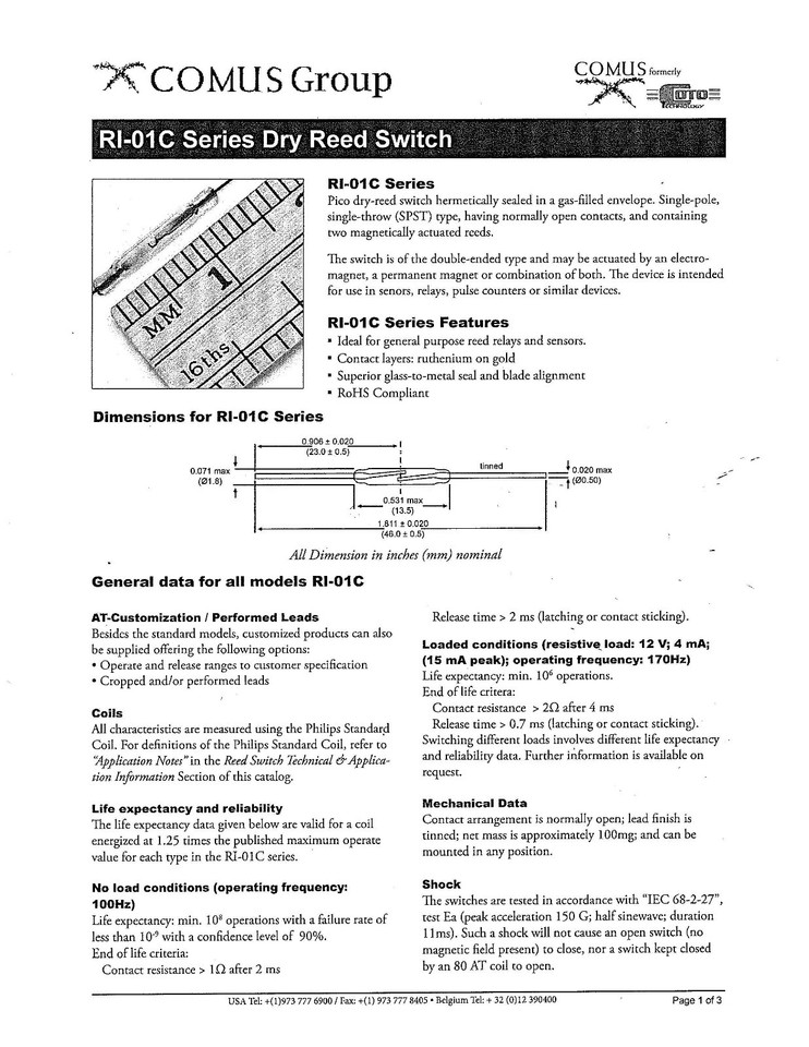(10 pcs) RI-01CGP1015 COTO, (SPST N/O) Magnetic, Dry Reed Switch | eBay