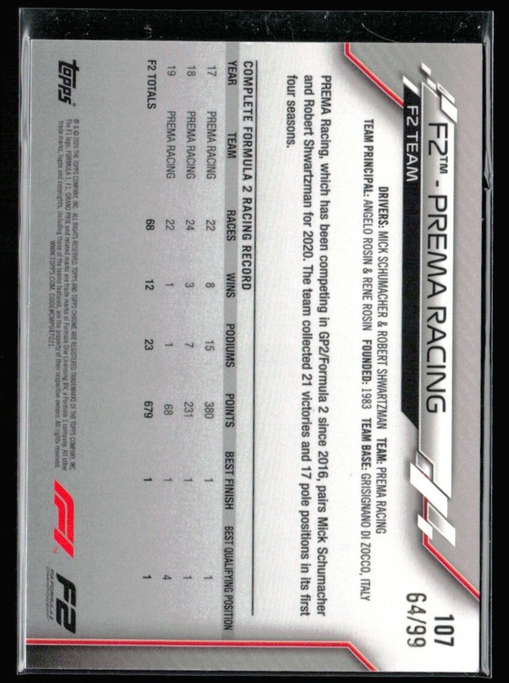 F2 Team Prema Racing 2020 Topps Chrome F1 Aqua Sapphire Refractor /99 ...