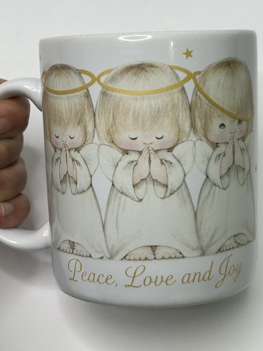 PEACE LOVE JOY Praying Angels Coffee Mug Cup Christmas White + Gold ...
