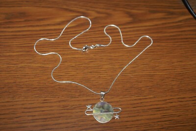 STERLING SATURN CHARM w/ ABALONE INLAY / 20" SILVER PLATED NECKLACE ...