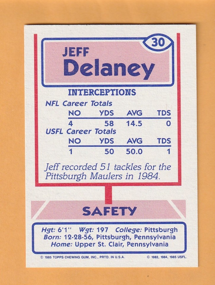 Jeff Delaney Denver Gold 1985 Topps USFL #30 Pittsburgh Pitt Panthers ...
