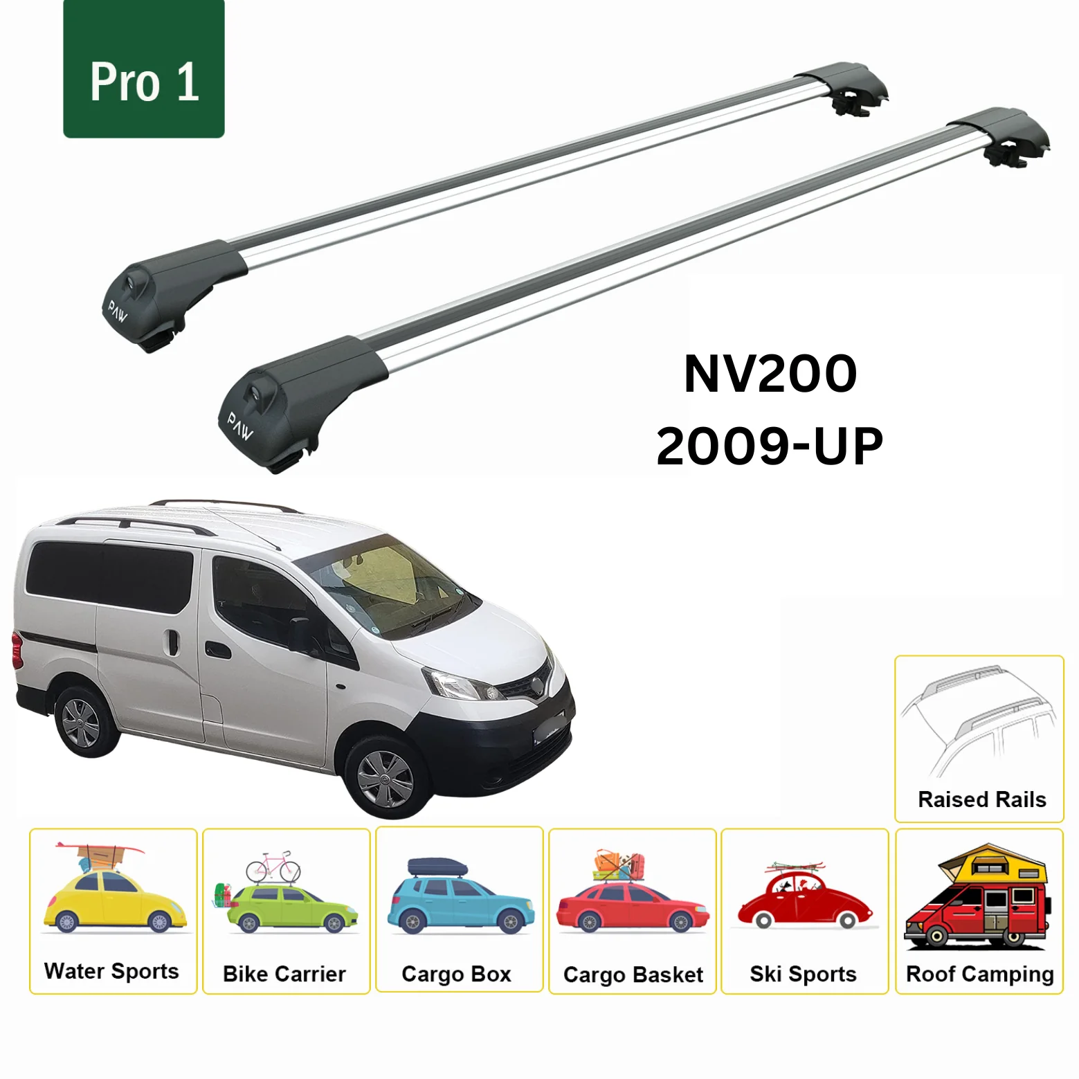 For Nissan NV200 Roof Rack Cross Bars Raised Rail Silver 2009-Up | eBay