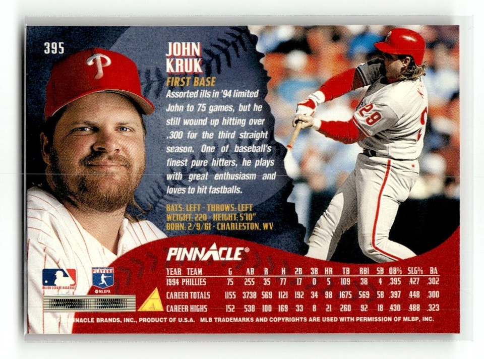 John Kruk #395 1995 Pinnacle Philadelphia Phillies Baseball Card MLB | eBay