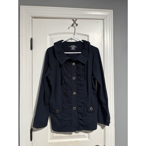 Neon Buddha Long Sleeve Button Down Ruffle Navy Blue Sweater Jacket Top ...